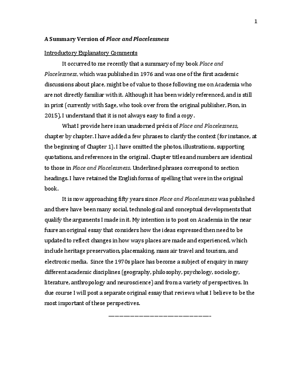 (DOC) A Summary Version of Place and Placelessness