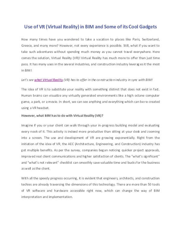 (DOC) Use of VR (Virtual Reality) in BIM and Some of its Cool Gadgets