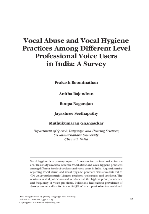 (PDF) Vocal Abuse and Vocal Hygiene Practices Among Different Level ...