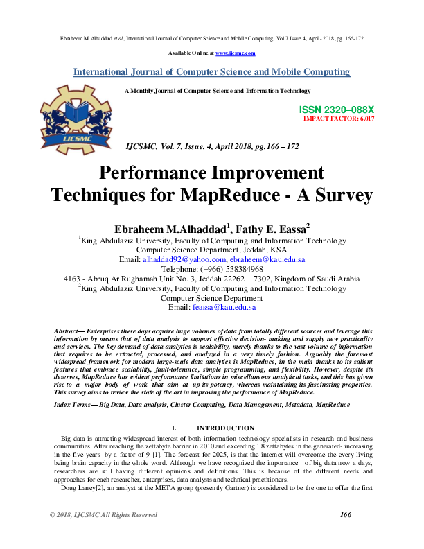(PDF) Performance Improvement Techniques for MapReduce - A Survey﻿