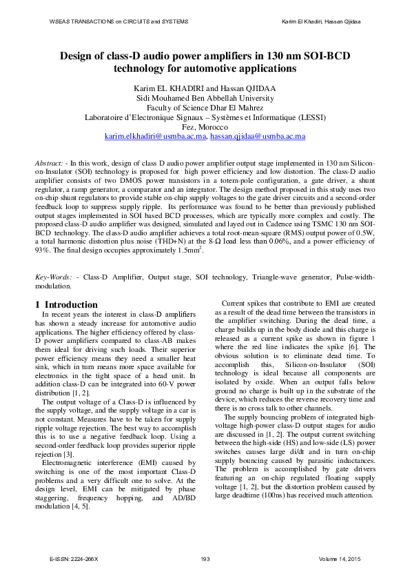 (PDF) Design of class-D audio power amplifiers in 130 nm SOI-BCD ...