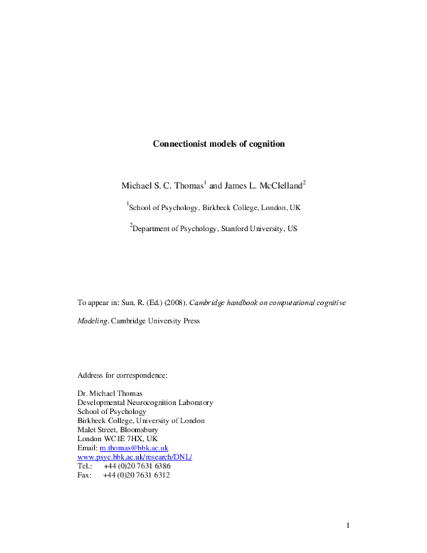 Pdf Connectionist Models Of Cognition