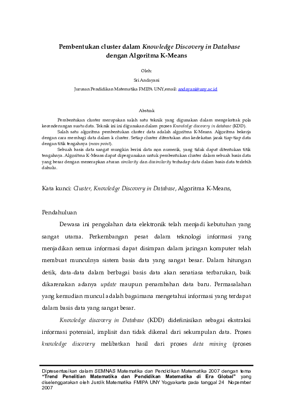 Doc K Pembentukan Cluster Dalam Knowledge Discovery In Database Dengan Algoritma K Means