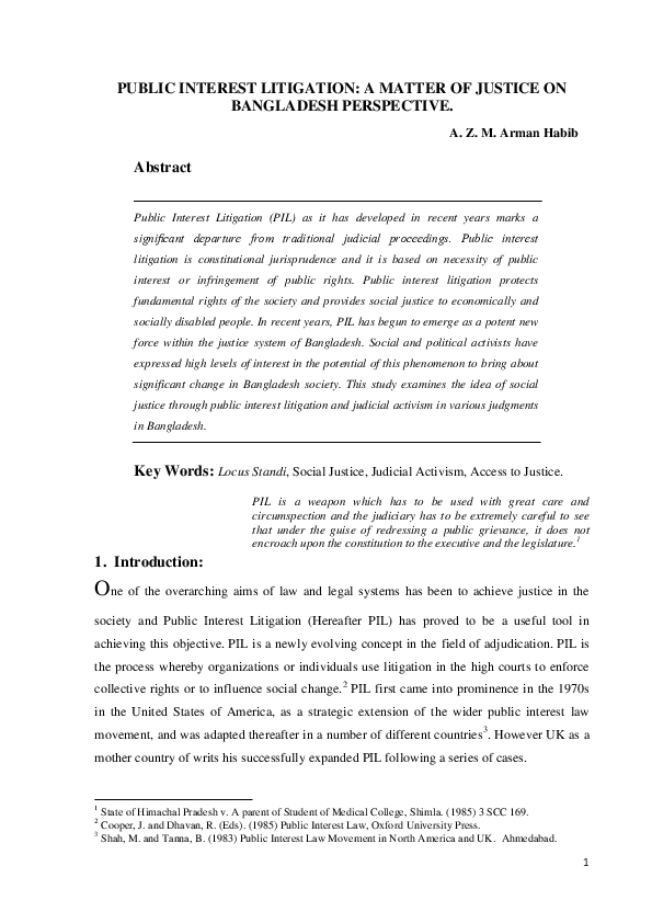 (PDF) PUBLIC INTEREST LITIGATION: A MATTER OF JUSTICE ON BANGLADESH PERSPECTIVE