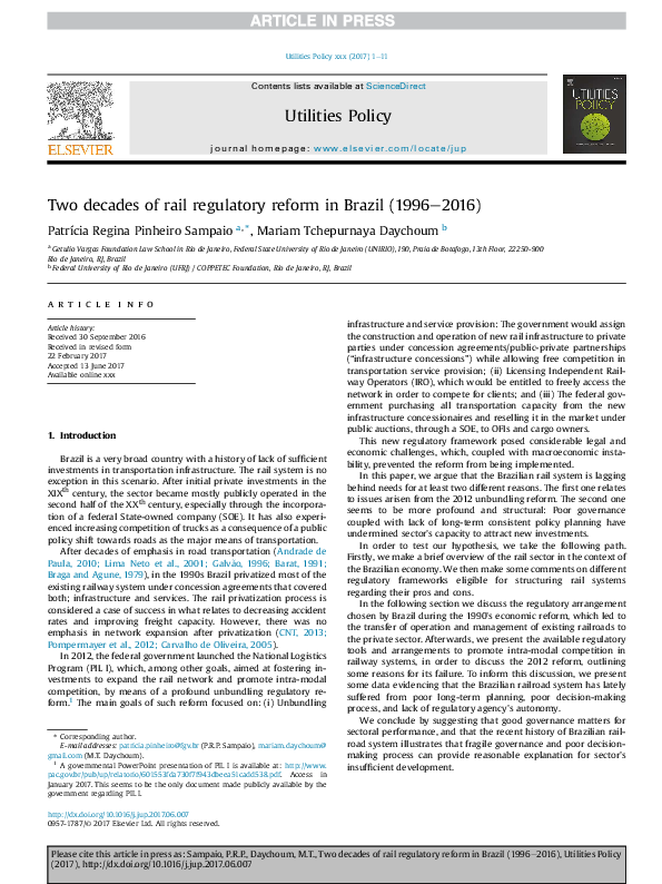 (PDF) Two decades of rail regulatory reform in Brazil (1996-2016)