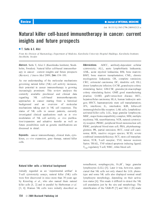 (PDF) Natural killer cell-based immunotherapy in cancer: current insights and future prospects