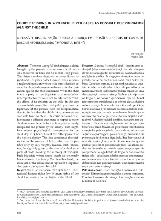 (PDF) COURT DECISIONS IN WRONGFUL BIRTH CASES AS POSSIBLE ...