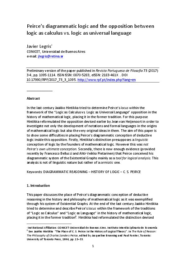 Pdf Peirces Diagrammatic Logic And The Opposition Between Logic As Calculus Vs Logic As