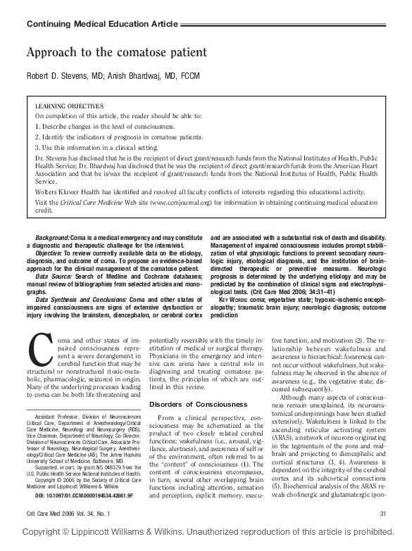 (PDF) Approach to the comatose patient