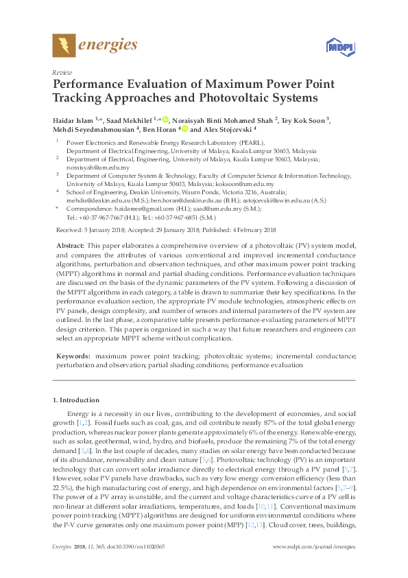 (PDF) Performance Evaluation of Maximum Power Point Tracking Approaches and Photovoltaic Systems