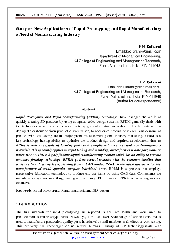 (PDF) Study on New Applications of Rapid Prototyping and Rapid ...