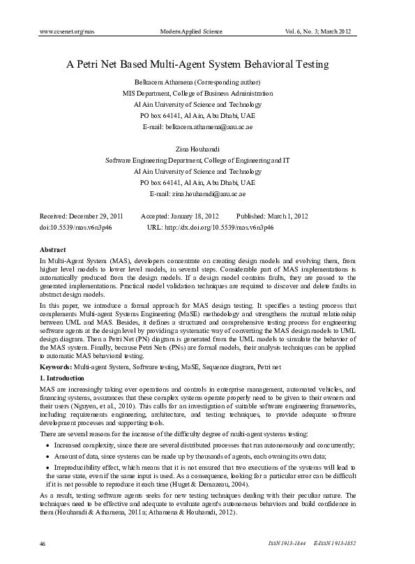 (PDF) A Petri Net Based Multi-Agent System Behavioral Testing