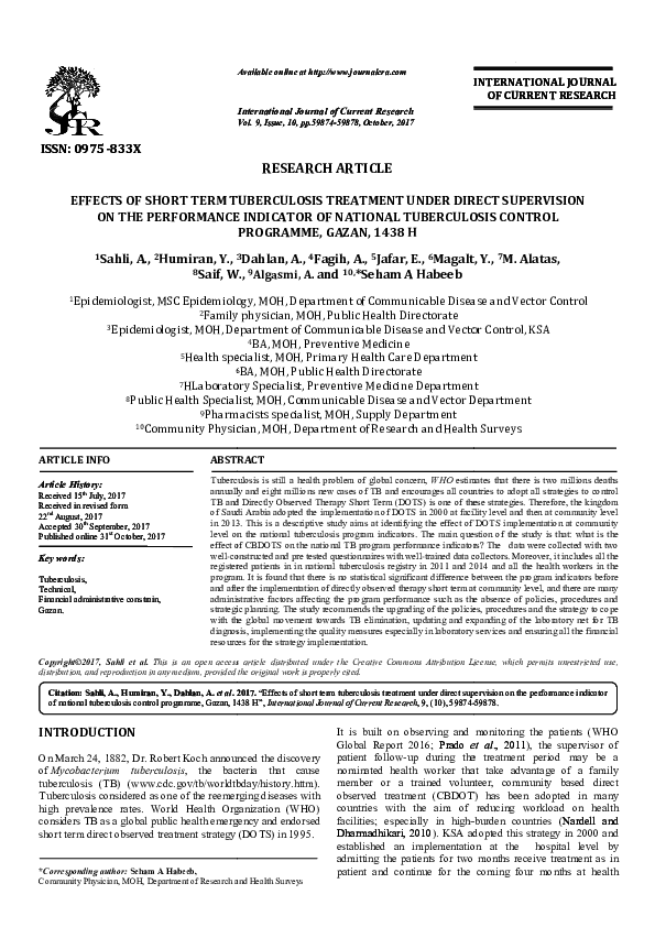 (PDF) EFFECTS OF SHORT TERM TUBERCULOSIS TREATMENT UNDER DIRECT ...