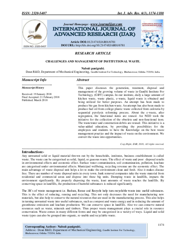 (PDF) CHALLENGES AND MANAGEMENT OF INSTITUTIONAL WASTE.