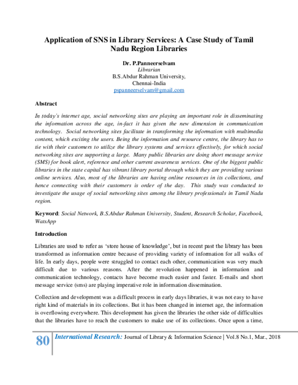 (PDF) Application of SNS in Library Services: A Case Study of Tamil ...