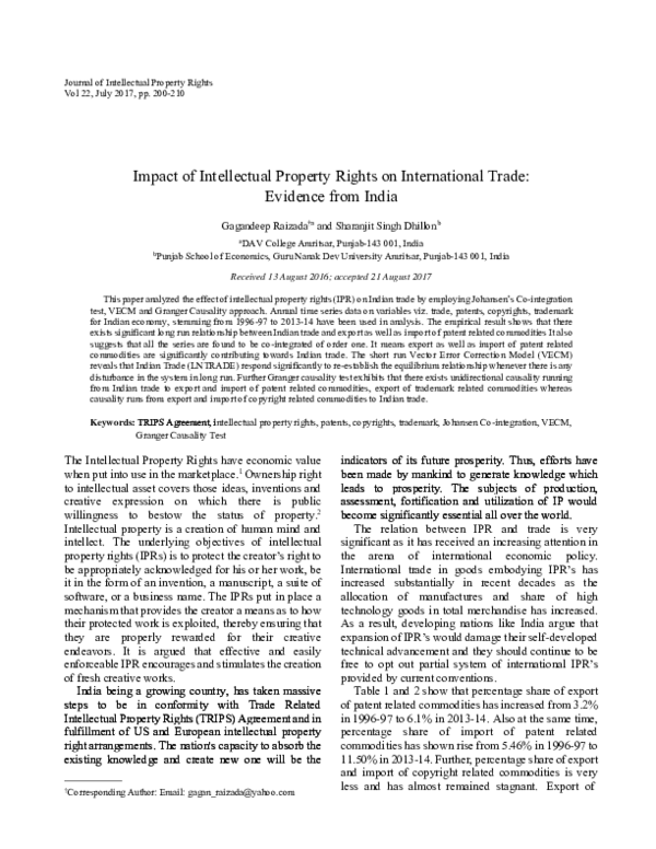 (PDF) Impact of Intellectual Property Rights on International Trade ... (PDF) Impact of Intellectual Property Rights on International Trade ...