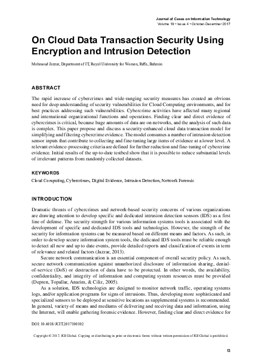 Pdf On Cloud Data Transaction Security Using Encryption And Intrusion Detection