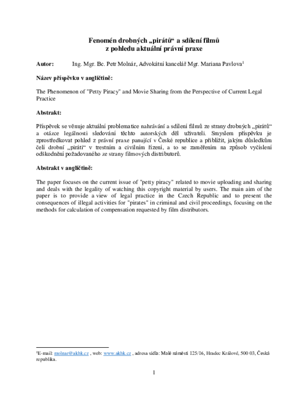 (PDF) Fenomén drobných " pirátů " a sdílení filmů z pohledu aktuální ...