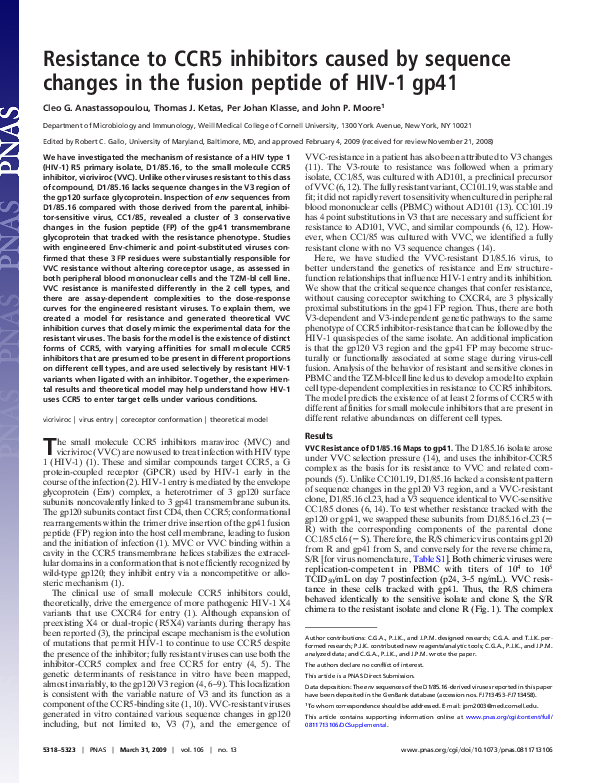 (PDF) Resistance to CCR5 inhibitors caused by sequence changes in the ...