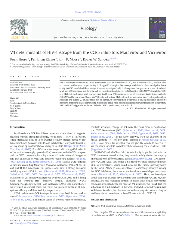 (PDF) V3 determinants of HIV-1 escape from the CCR5 inhibitors ...