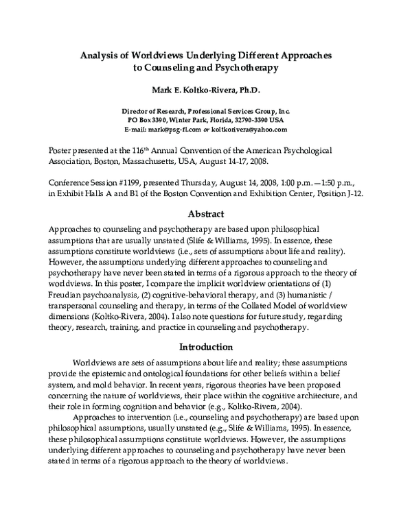 (PDF) Analysis of worldviews underlying different approaches to ...