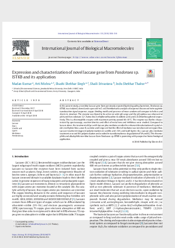 (PDF) Expression and characterization of novel laccase gene from Pandoraea sp. ISTKB and its ...