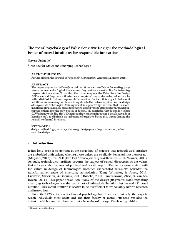 (PDF) The moral psychology of Value Sensitive Design: the methodological issues of moral ...