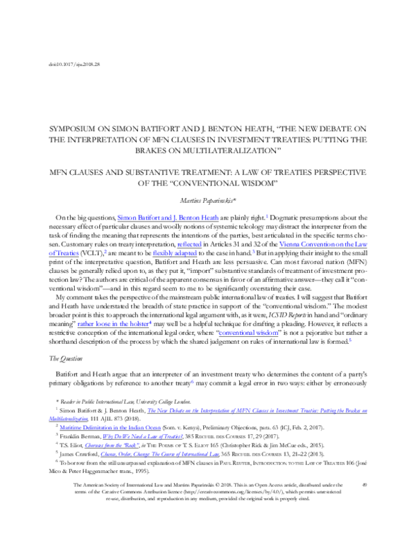 (PDF) 'MFN Clauses and Substantive Treatment: A Law of Treaties ...