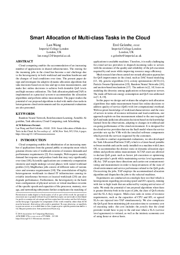 (PDF) Smart Allocation of Multi-class Tasks in the Cloud | Erol Gelenbe ...