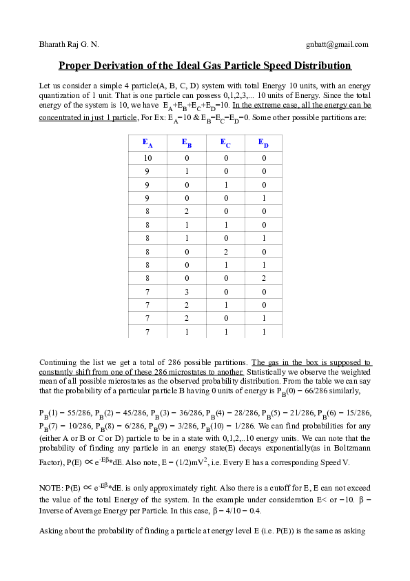 (PDF) Proper Derivation of the Ideal Gas Particle Speed Distribution