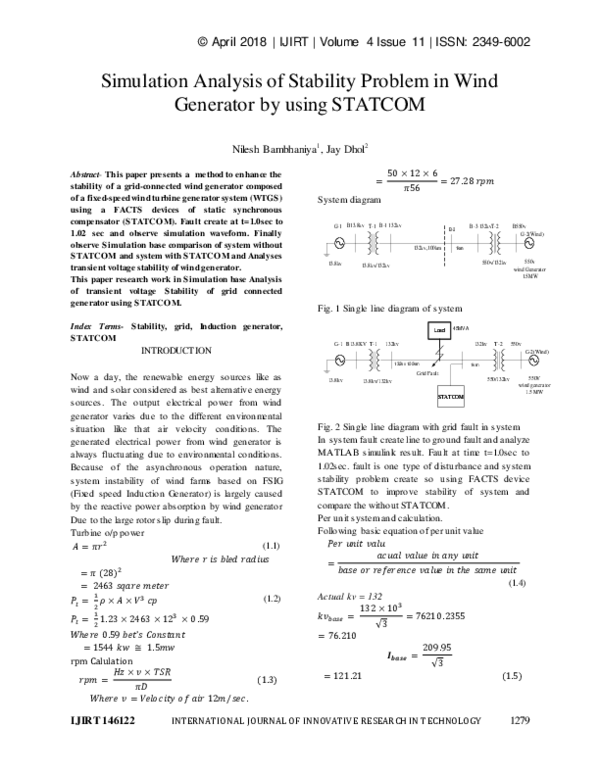 (PDF) Simulation Analysis of Stability Problem in Wind Generator by Using STATCOM