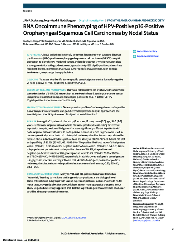 (PDF) RNA Oncoimmune Phenotyping of HPV-Positive p16-Positive ...
