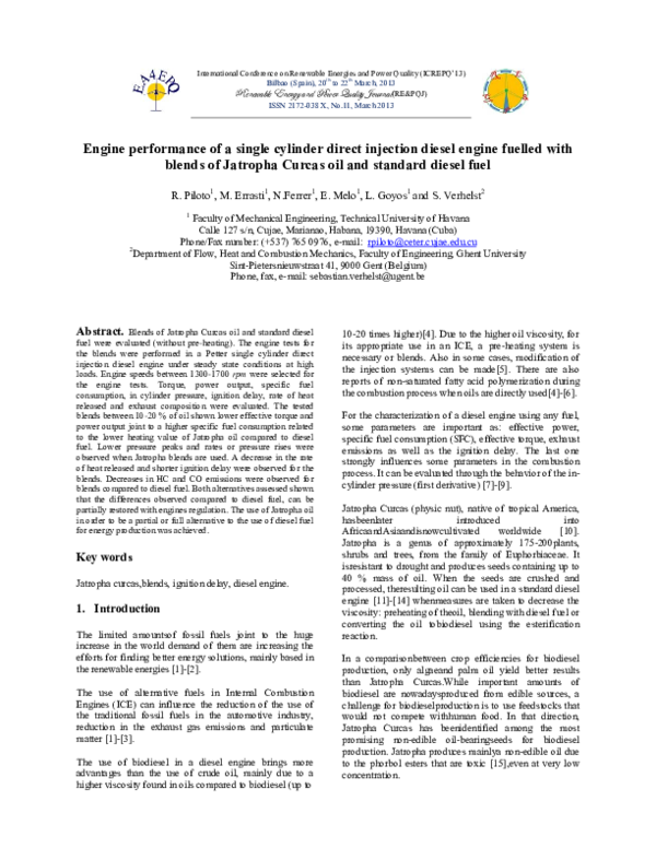 (PDF) Performance of a Direct Injection Diesel Engine Using Jatropha ...