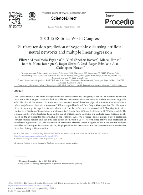 (PDF) Surface tension prediction of vegetable oils using artificial neural networks and multiple ...