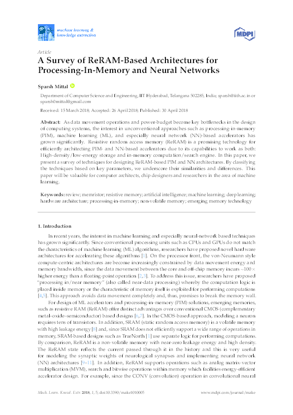 Pdf A Survey Of Reram Based Architectures For Processing In Memory And Neural Networks 9541