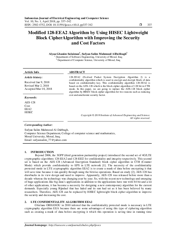 (PDF) Modified 128-EEA2 Algorithm by Using HISEC Lightweight Block ...