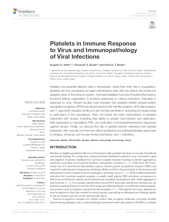 (PDF) Platelets in immune Response to virus and immunopathology of ...