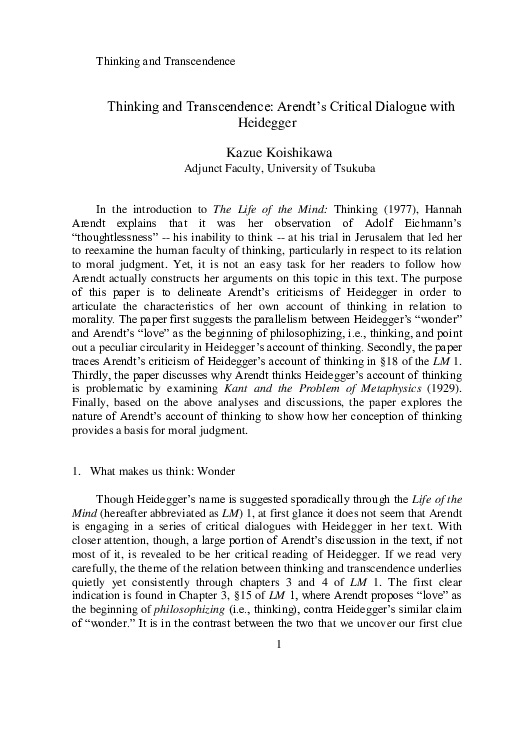 (PDF) Thinking and Transcendence: Arendt's Critical Dialogue with