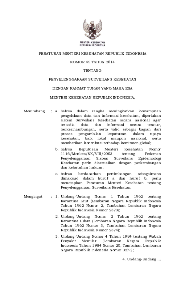(PDF) .permenkes ri no 45 tahun 2014 tentang penyelenggaraan surveilans ...