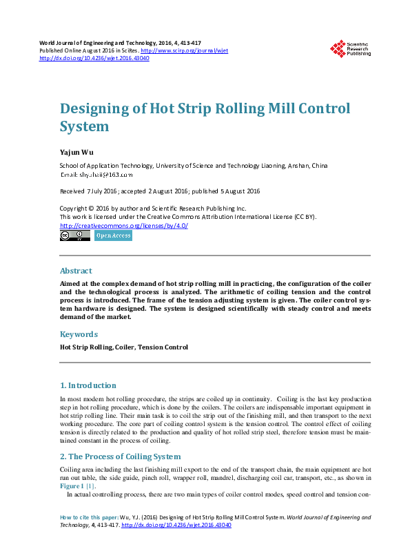 (PDF) Designing of Hot Strip Rolling Mill Control System