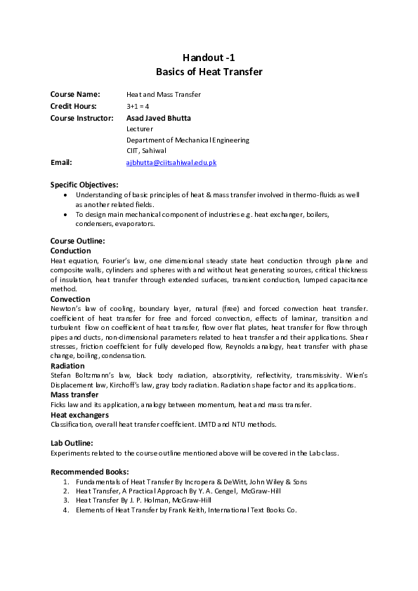 (DOC) Handout -1 Basics of Heat Transfer Course Name: Credit Hours ...
