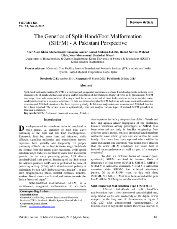 (PDF) The Genetics of Split-Hand/Foot Malformation (SHFM) -A Pakistani Perspective