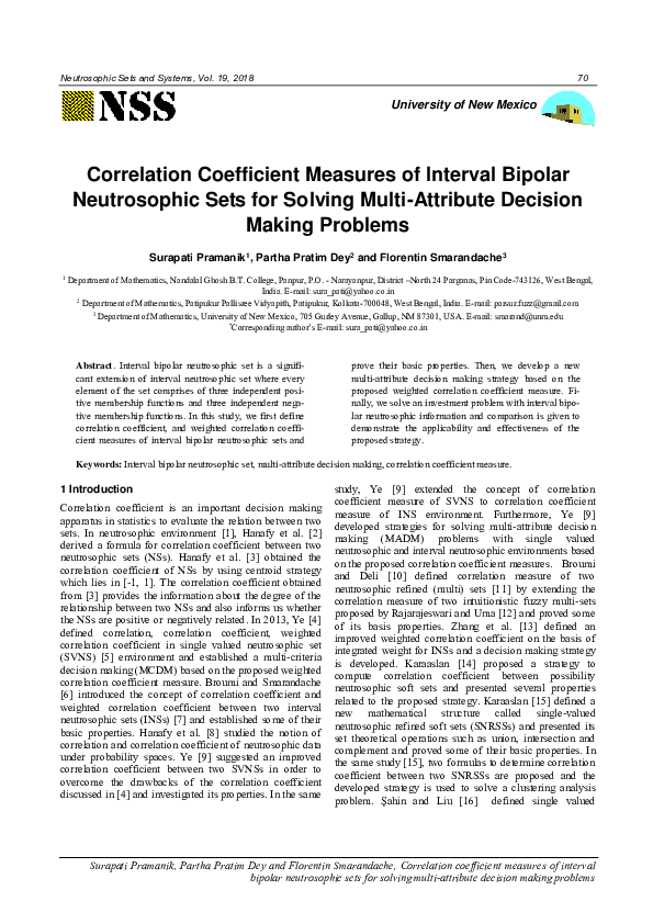 (PDF) Correlation Coefficient Measures of Interval Bipolar Neutrosophic Sets for Solving Multi ...