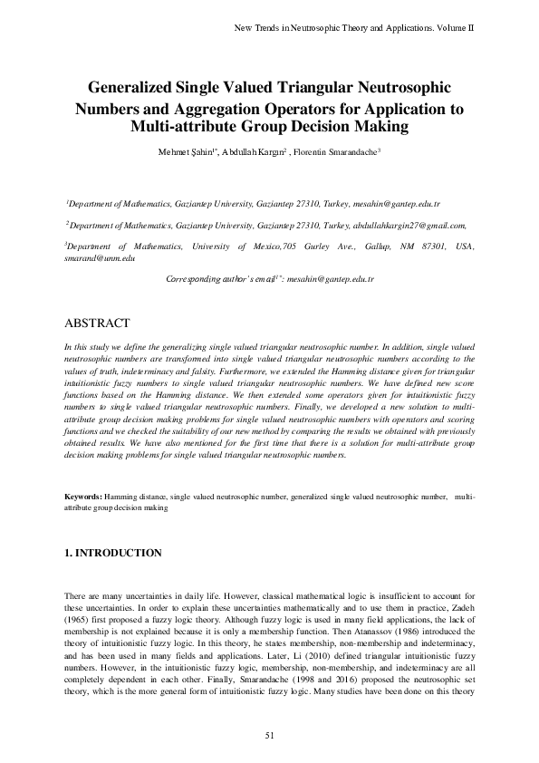 Pdf Generalized Single Valued Triangular Neutrosophic Numbers And Aggregation Operators For
