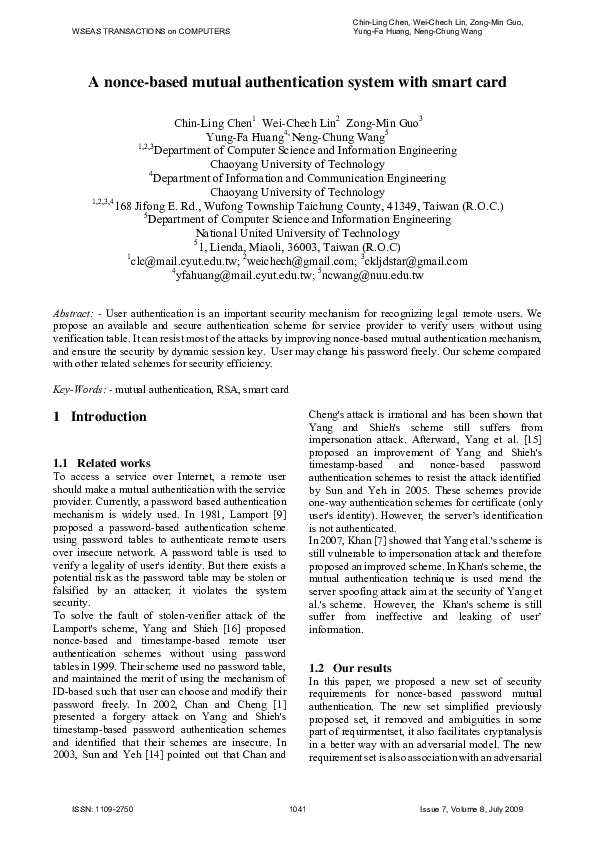 Pdf A Nonce Based Mutual Authentication System With Smart Card