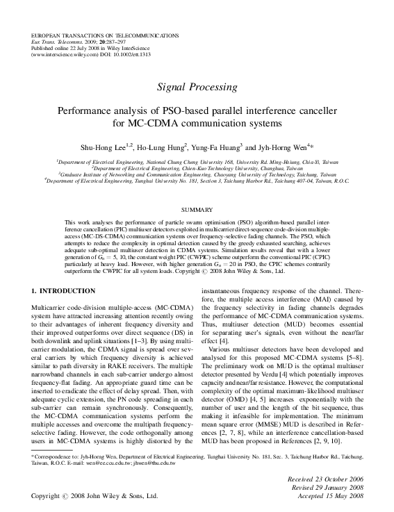 Pdf Performance Analysis Of Pso Based Parallel Interference Canceller For Mc Cdma