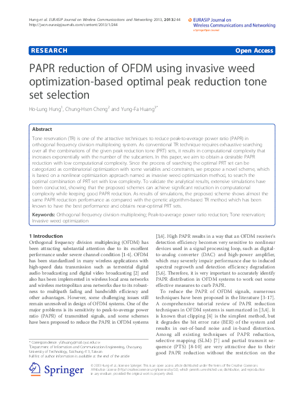 Pdf Papr Reduction Of Ofdm Using Invasive Weed Optimization Based Optimal Peak Reduction Tone