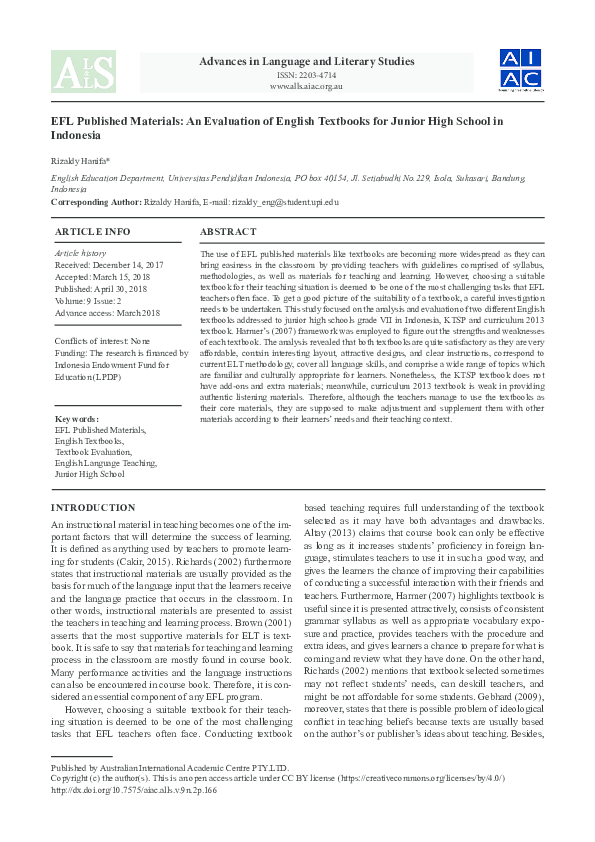 (PDF) EFL Published Materials: An Evaluation of English Textbooks for ...