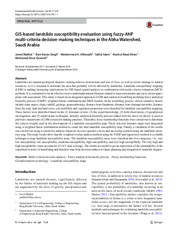 Pdf Gis‑based Landslide Susceptibility Evaluation Using Fuzzy‑ahp Multi‑criteria Decision