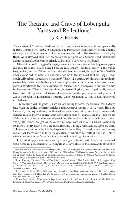 (PDF) The Treasure and Grave of Lobengula: Yarns and Reflections 1
